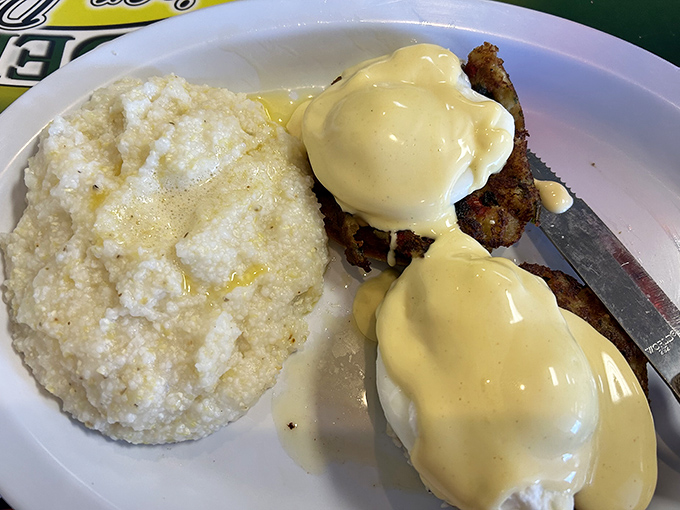 Eggs Benedict that doesn't need a fancy brunch setting to shine&mdash;just perfectly poached eggs, creamy hollandaise, and buttery grits.