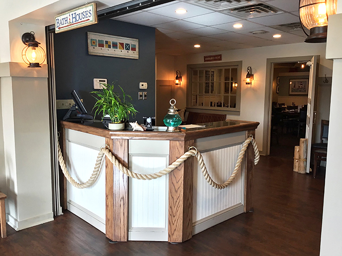 Nautical ropes and wooden accents at the host station set the tone before you've even seen a menu—you're not in Pennsylvania anymore.