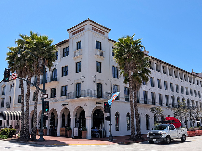 Spanish Colonial elegance meets urban sophistication at this downtown corner. The white stucco and red-tiled roofs create Santa Barbara's signature architectural style.