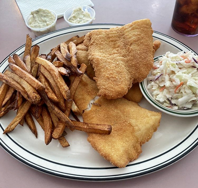 Fish so perfectly golden it makes you wonder if King Midas has been moonlighting in the kitchen, with fries cut with mathematical precision.