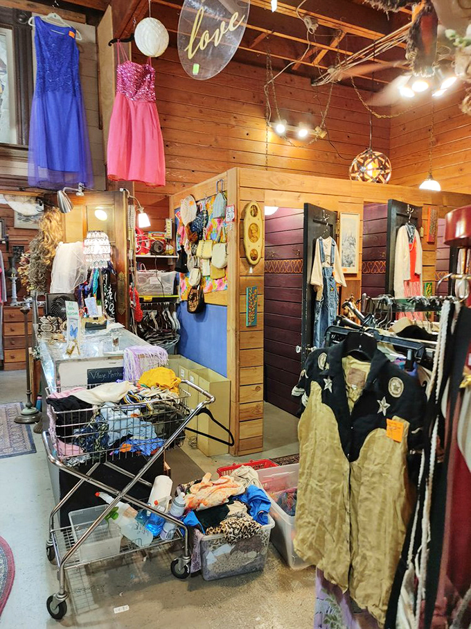 The clothing section's wooden walls create a cabin-like atmosphere. That star-studded jacket is practically begging for its karaoke comeback.