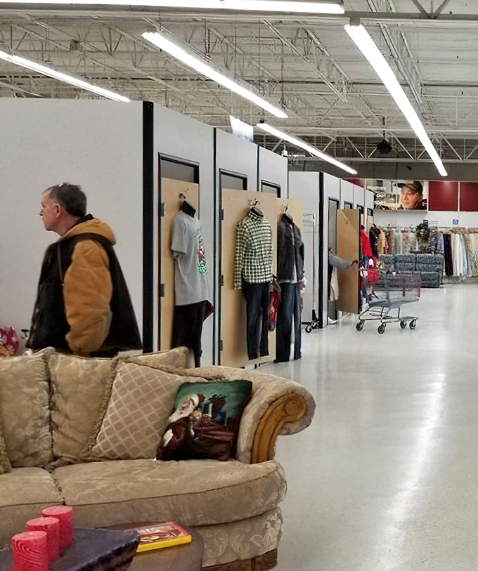 The fitting room area provides the crucial "try before you buy" experience&mdash;because thrift shopping without trying is like cooking without tasting.