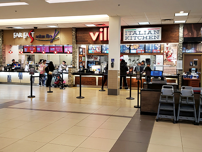 Food court nirvana after hours of retail therapy. Asian cuisine meets Italian classics in the universal language of "shopping makes you hungry."