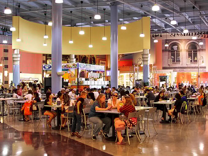 The bustling food court serves as an oasis for hungry shoppers, proving that bargain hunting is indeed the calorie-burning activity we all hoped.