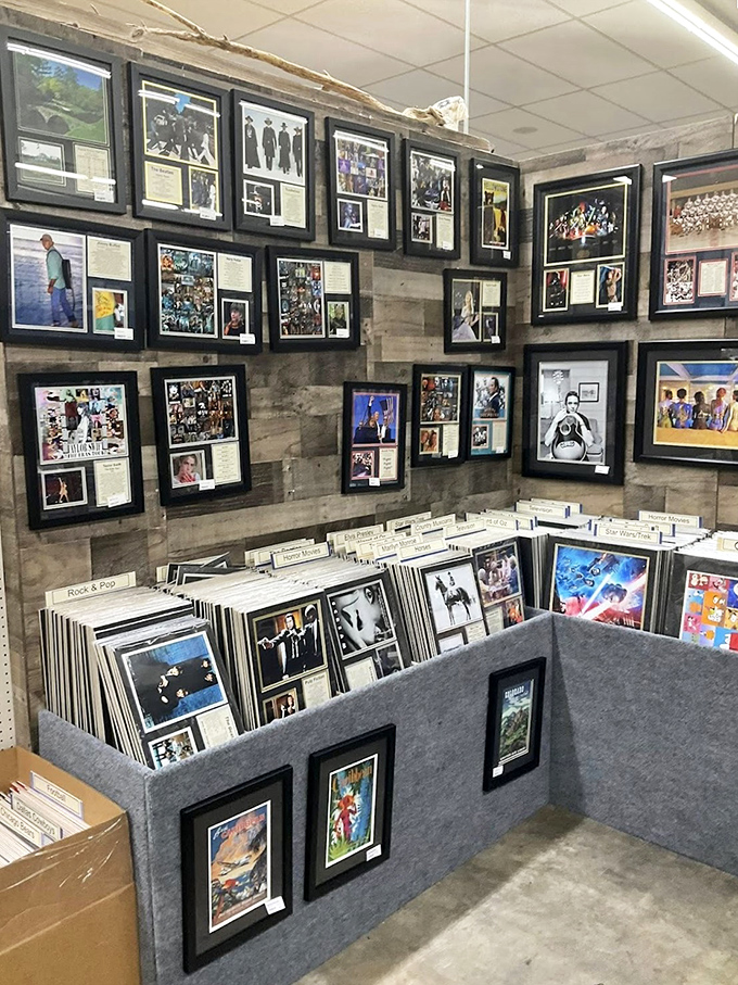 Music and movie memories preserved under glass. Each frame captures cultural moments that shaped generations before streaming existed.