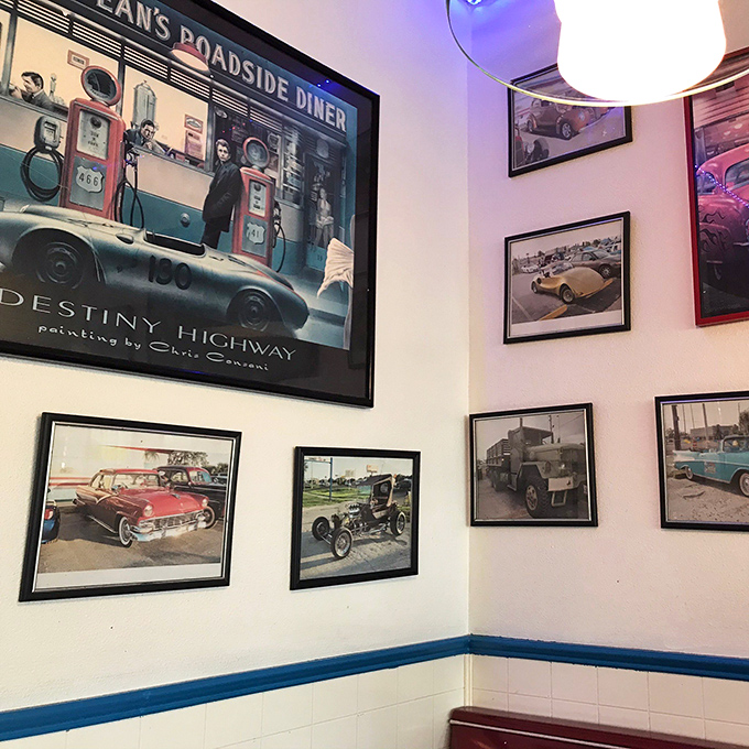 Classic car photos and vintage advertisements line the walls &ndash; a gallery exhibition of American pop culture's greatest hits.