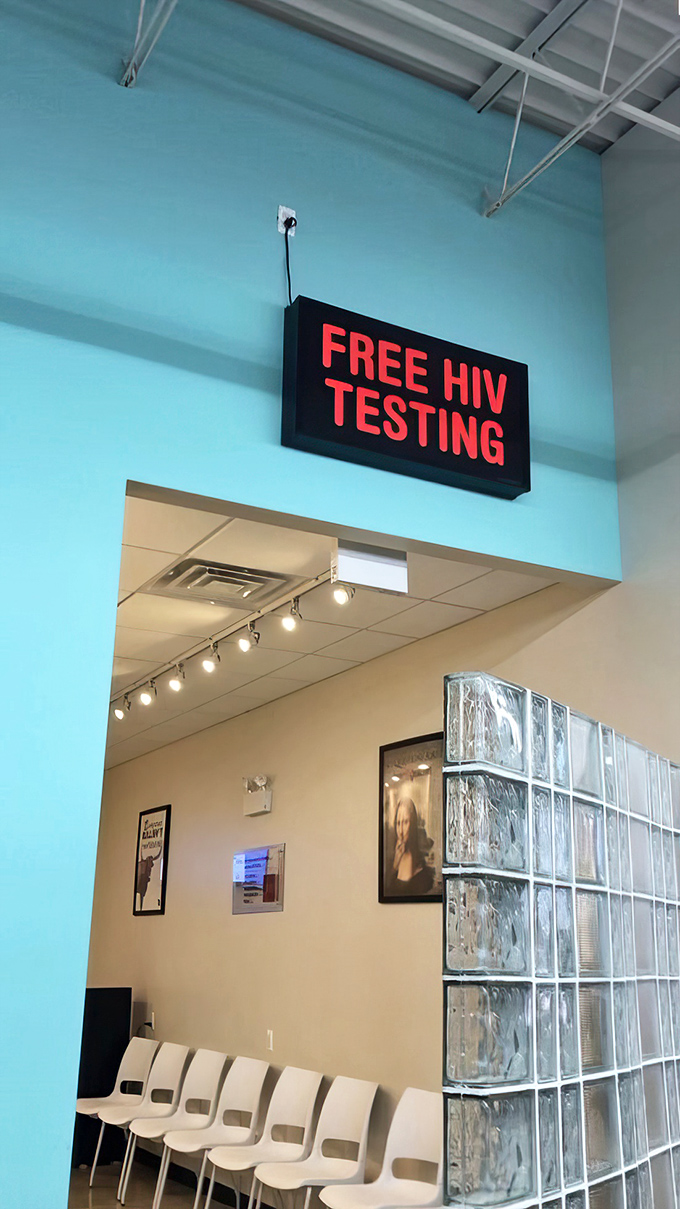 The free HIV testing area reminds shoppers that retail therapy here comes with a side of actual healthcare and community support.