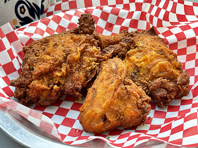 Fried chicken so gloriously golden, it practically comes with its own spotlight. That crunch could wake the neighbors.
