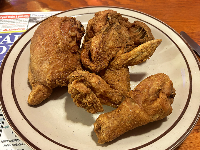 Fried chicken with that perfect golden-brown crust &ndash; audibly crunchy on the outside, miraculously juicy on the inside. Some culinary magic at work here.