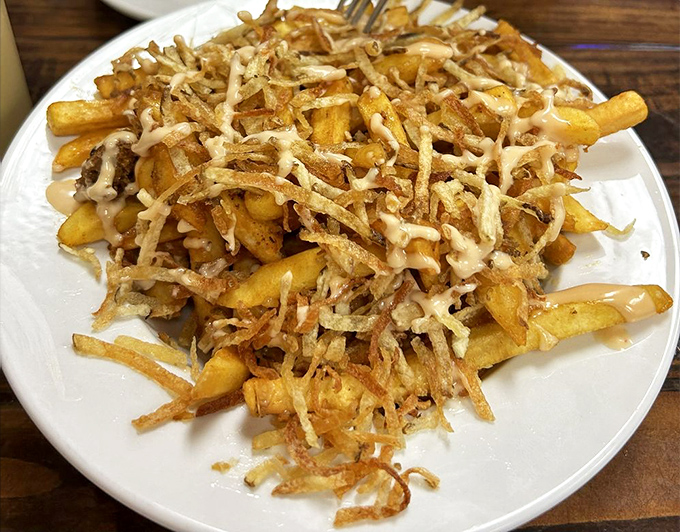 Fries that refused to be ordinary. Topped with crispy potato straws and secret sauce, they're a masterclass in texture.