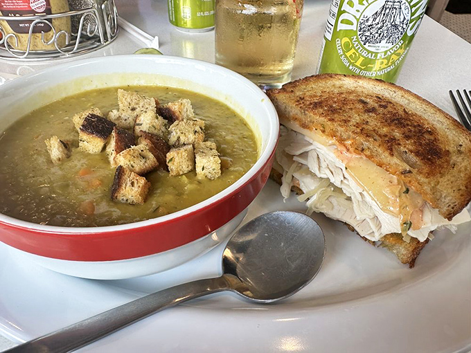 Split pea soup meets turkey reuben in a lunch combo that feels like winning the comfort food lottery.