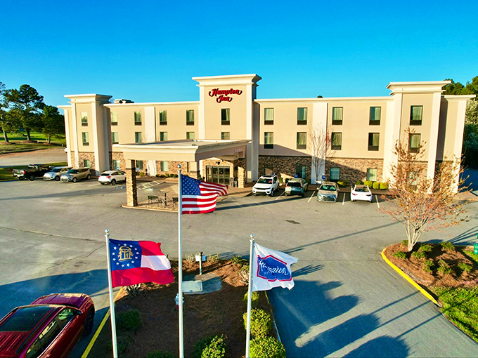 Hampton Inn flies its flags proudly, offering beds that don't require a mortgage to sleep in.