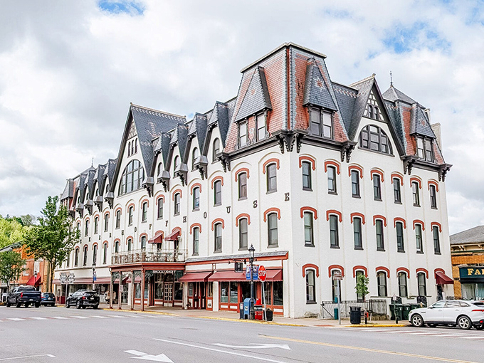 The Brockerhoff House stands like a wedding cake in architectural form. This grand white building with its distinctive mansard roof dominates Bellefonte's skyline with Victorian confidence.