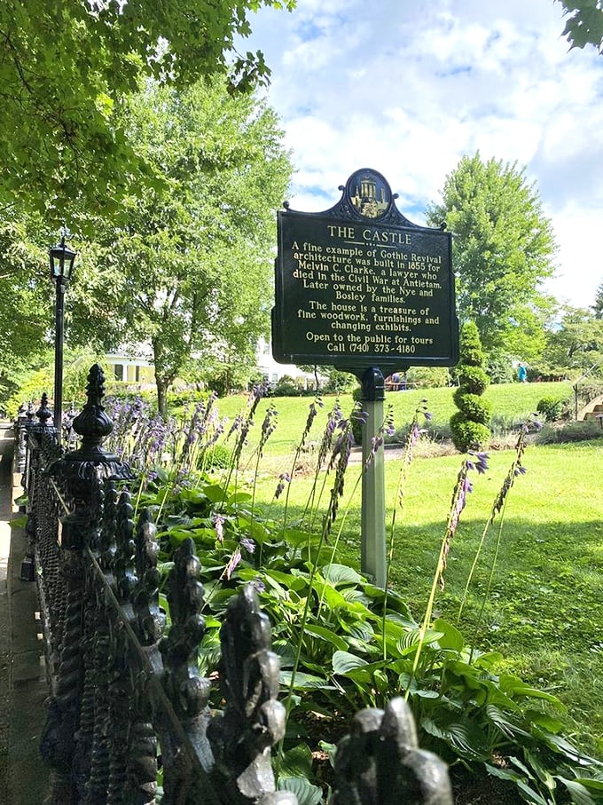 The historical marker offers context for The Castle's significance, though "Gothic Revival" sounds more like a music festival than an architectural style.