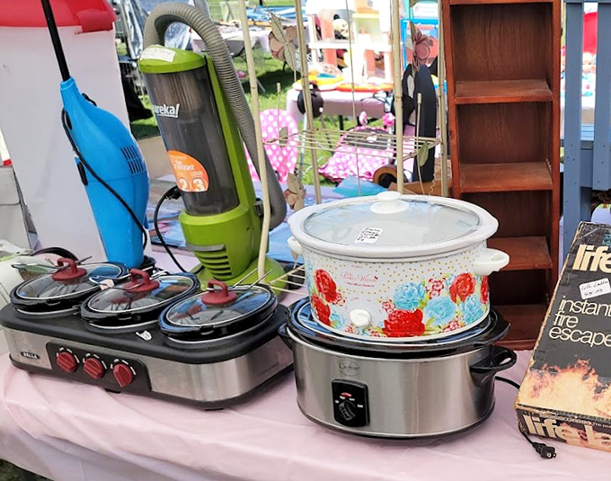 Kitchen gadgets with stories to tell. That floral slow cooker has probably witnessed more family dinners than a holiday table, while the vacuum waits for its next rescue mission.
