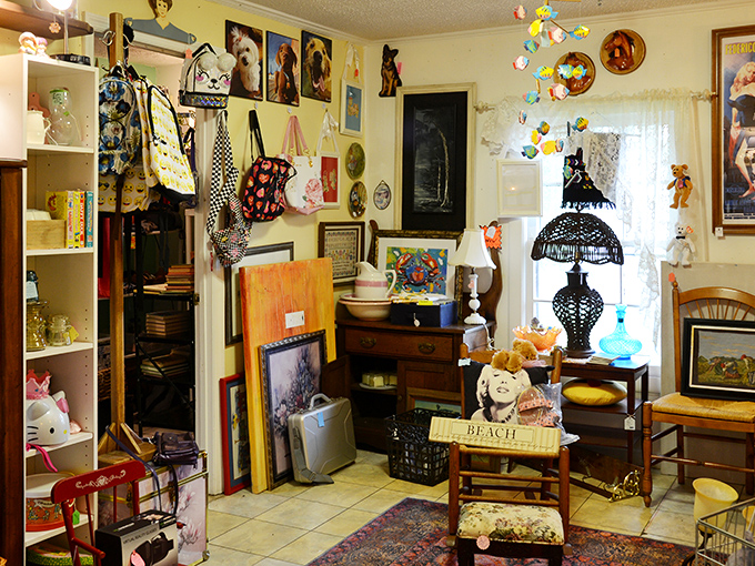 Every inch tells a story—from vintage lamps to colorful rugs. That black macramé lamp shade is pure 1970s magnificence.