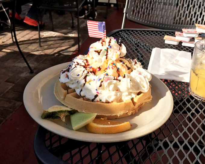 Dessert disguised as breakfast? This waffle topped with ice cream and chocolate sauce is vacation in edible form. Diet starts tomorrow!