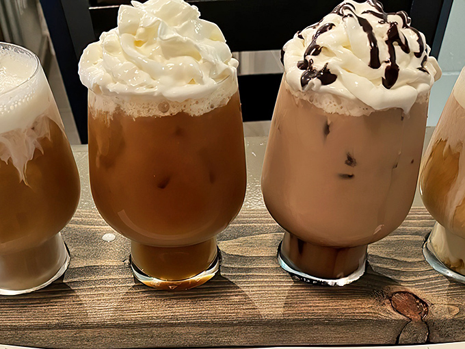 An iced coffee flight that proves indecision can sometimes be the best decision. One creamy, one classic, all delightful&mdash;it's like a coffee shop in miniature. 