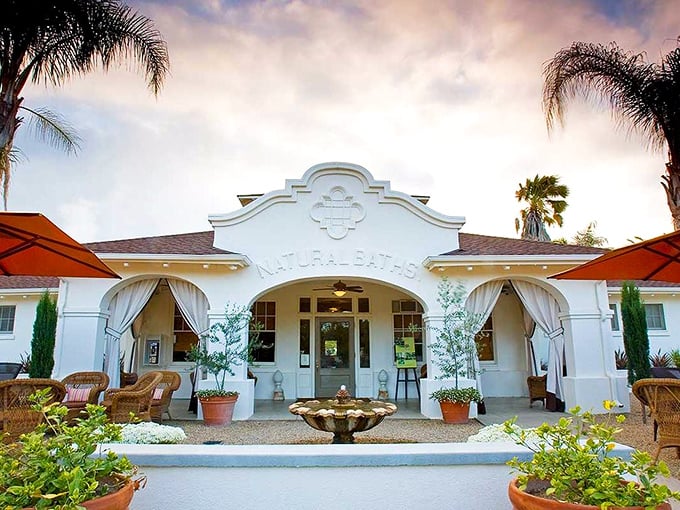 Indian Springs' Spanish-inspired architecture welcomes weary travelers to soak their troubles away. The fountain's gentle burble is nature's own lullaby.