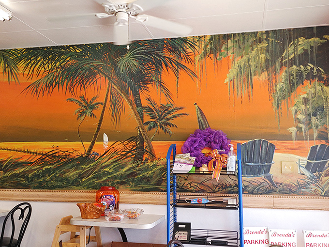 A Florida sunset mural that gives you something to contemplate between bites. Palm trees and orange skies &ndash; breakfast with a view.