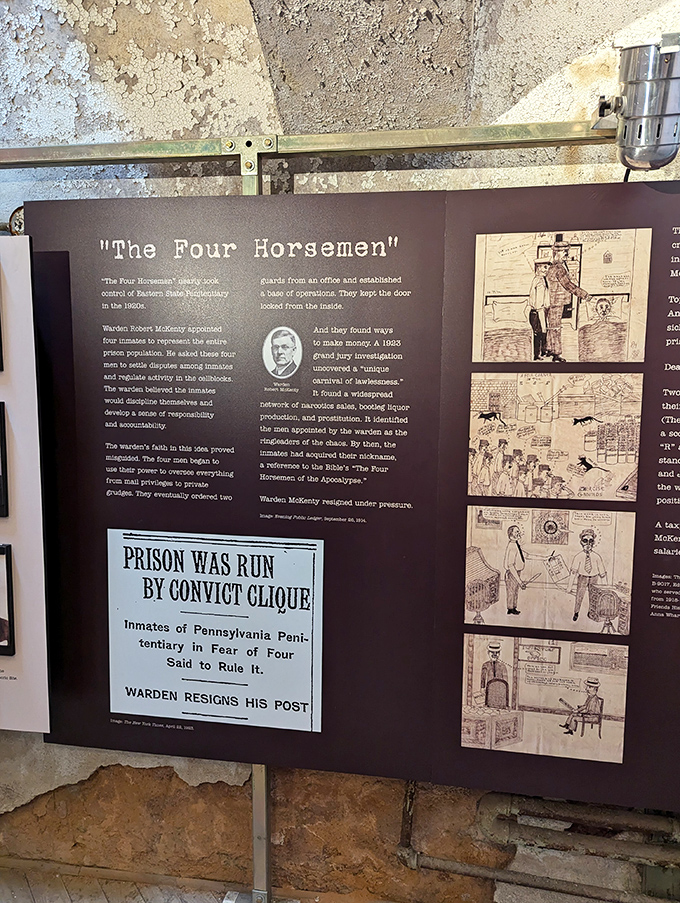 "The Four Horsemen" exhibit reveals the prison's internal power structure. Even behind bars, hierarchies formed and some inmates wielded surprising influence.