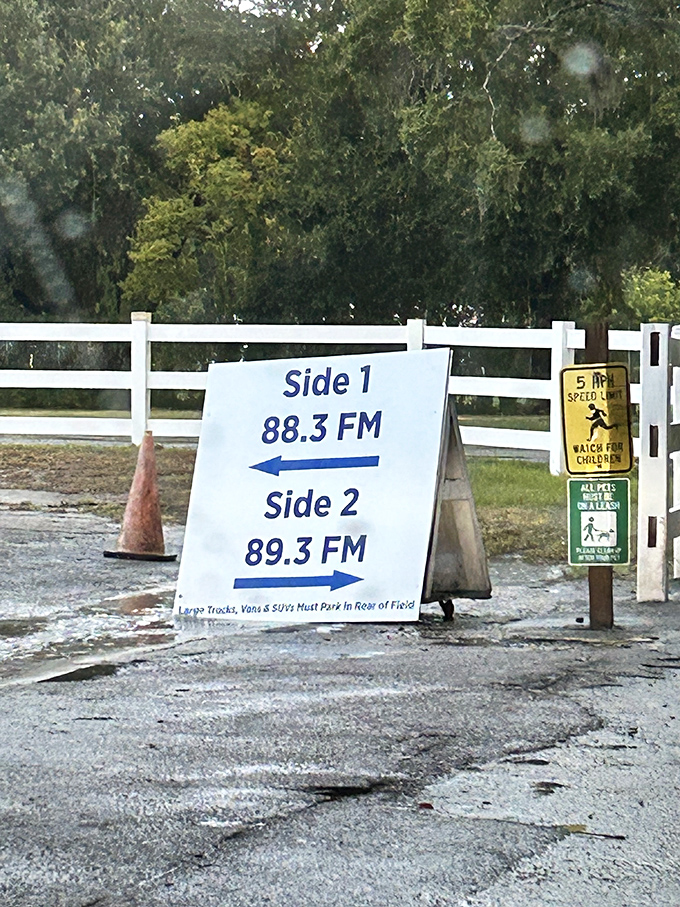 Radio frequencies: the modern solution to drive-in sound. Side 1 or Side 2—pick your movie, tune your dial, and settle in.