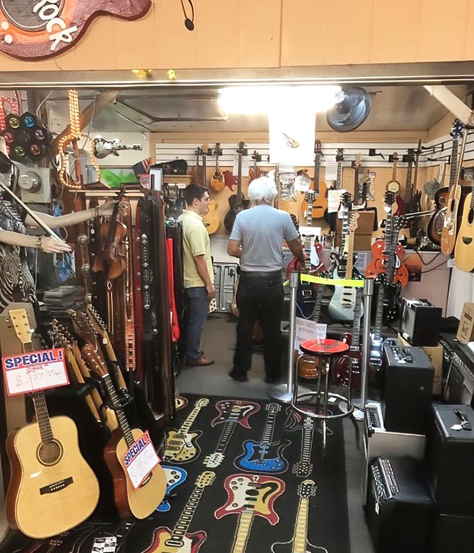 This musical corner might be where the next Eric Clapton finds their first guitar. Instruments waiting for their perfect match.