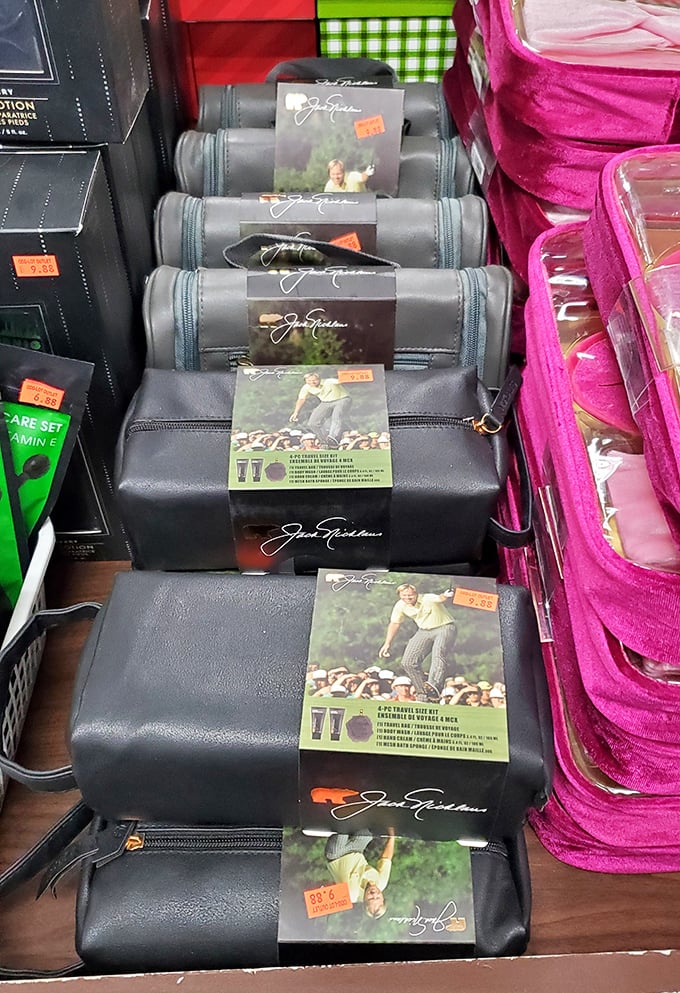 Golf enthusiasts will spot these Jack Nicklaus travel kits faster than a hole-in-one, lined up like soldiers ready for duty on the links.