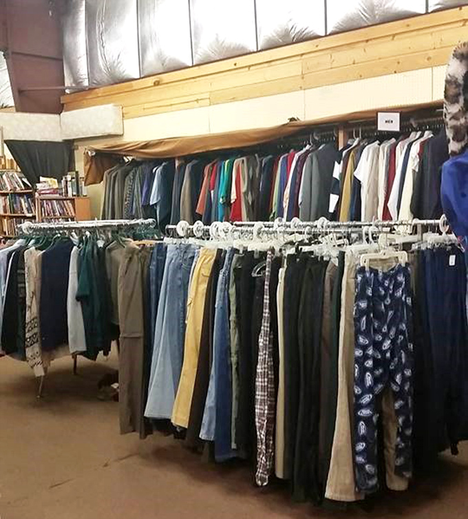 The men's pants section offers a rainbow of practical options. Those khakis might have seen business meetings; now they await your weekend projects.