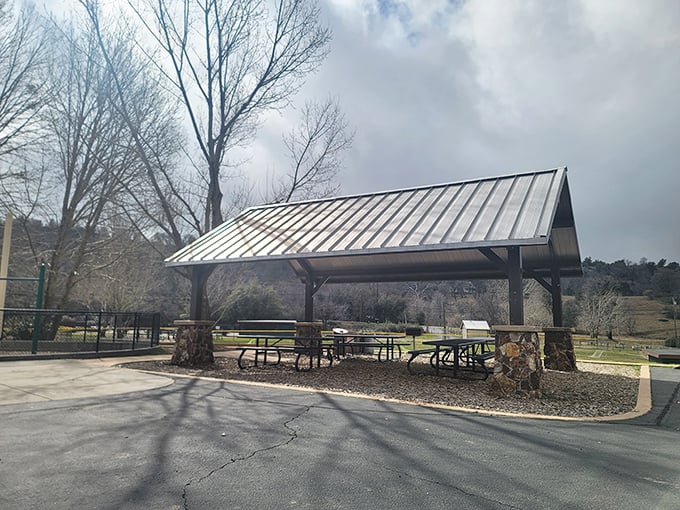 This picnic shelter waits patiently for families to arrive with baskets full of local treats and city-induced vitamin D deficiencies.
