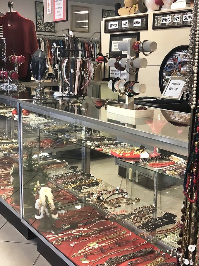 The jewelry counter sparkles with possibility&mdash;vintage brooches and modern pieces waiting for their Cinderella moment.