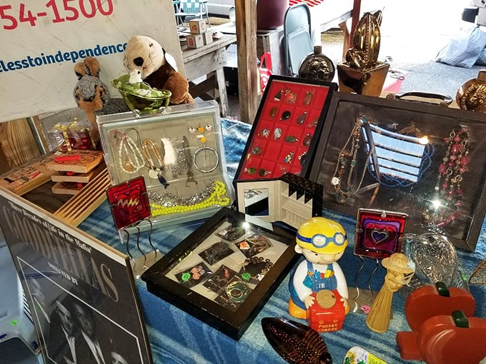 Minions, jewelry, and knickknacks living together in perfect harmony&mdash;like a garage sale curated by a very eclectic collector.