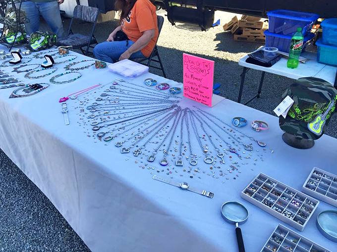 Jewelry displayed with mathematical precision. Each necklace tells a different story, from prom night memories to grandmother's special occasion pieces.