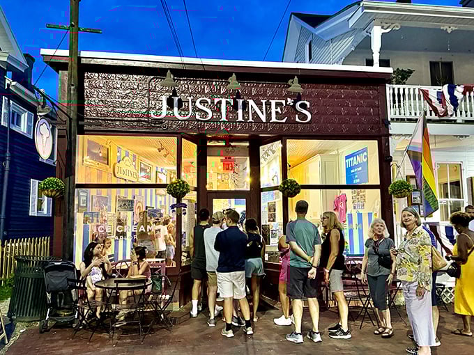 Justine's Ice Cream Parlor draws evening crowds like moths to flame—because after a day of maritime history, nothing beats hand-scooped nostalgia.