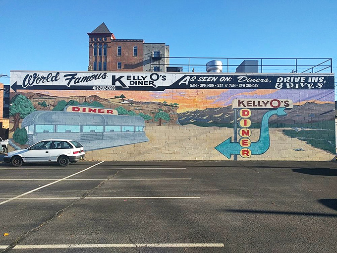 The mural proudly announces what locals already know—this diner has earned its "World Famous" status one plate at a time.