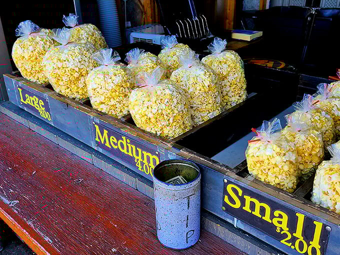 Kettle corn in three sizes: "Planning to Share," "Pretending to Share," and "Who Are We Kidding?"