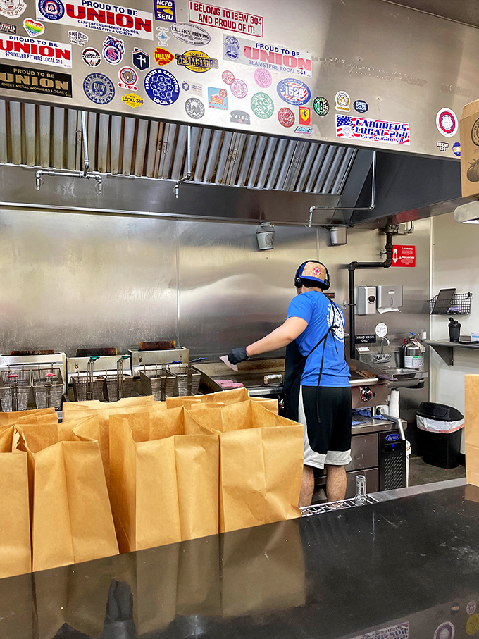 Union stickers above the grill tell you this is a place that respects tradition, community, and doing things right.