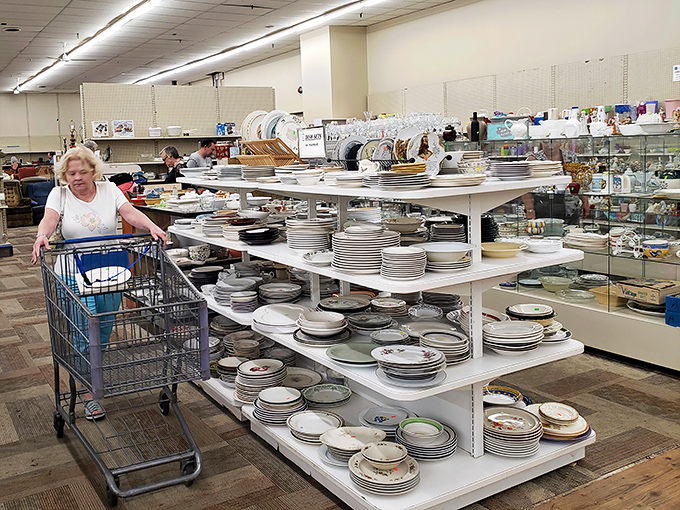 The dishware section could stock a restaurant with its impressive array of plates, serving pieces, and kitchen essentials. Mismatched charm or complete sets&mdash;take your pick!