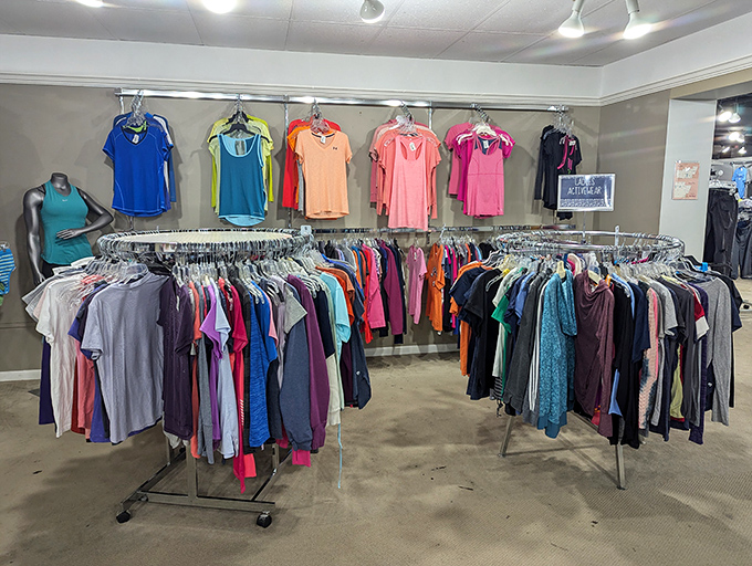 Activewear that's barely broken a sweat, arranged in a rainbow of motivation. Yesterday's fitness goals become today's bargains.