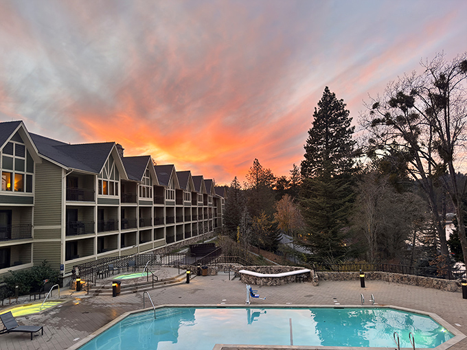 Sunset transforms Lake Arrowhead Resort into a painting of warm hues and cool waters, the perfect backdrop for evening cocktails.