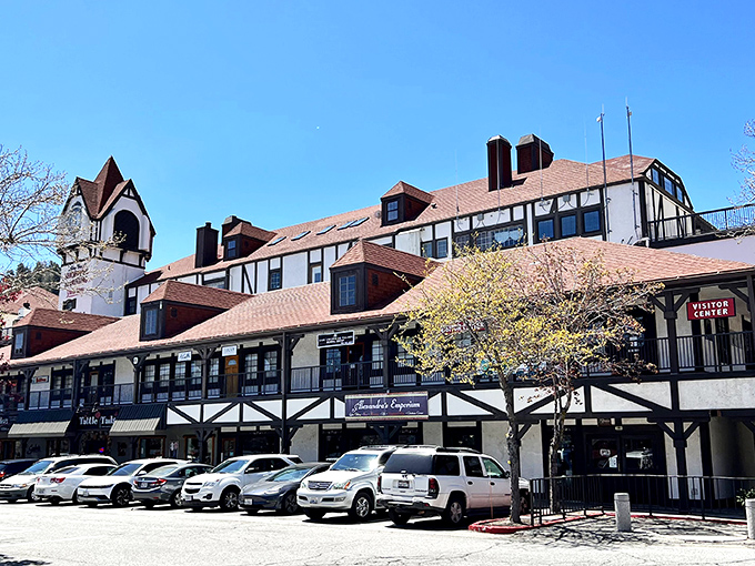 Lake Arrowhead Village's distinctive clock tower stands sentinel over shopping adventures. Time moves differently in the mountains.