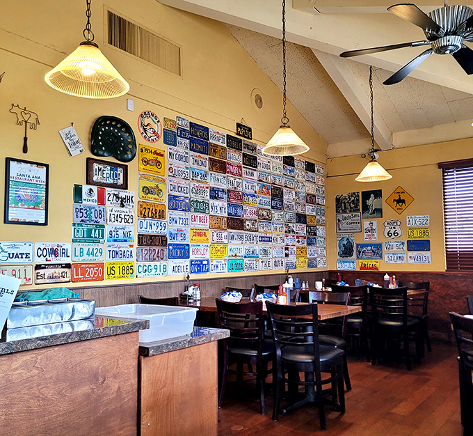 A wall covered in license plates from across America tells stories of travelers who found their way to this culinary oasis.