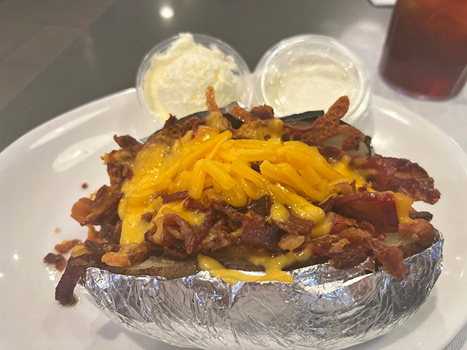 A loaded baked potato that's dressed for a night on the town. Cheese, bacon, and potato in their natural habitat&mdash;together forever.