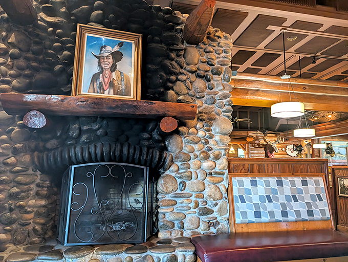That stone fireplace isn't just decoration&mdash;it's the heart of the restaurant's soul, warming the space with Sierra-inspired ambiance.