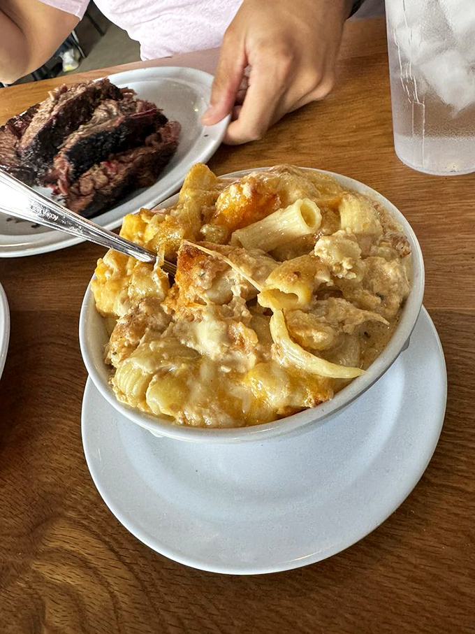Mac and cheese that's achieved that perfect molten state between solid and liquid—the comfort food equivalent of a warm hug.