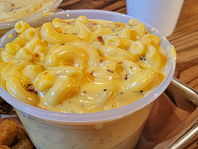 Mac and cheese that achieves that perfect balance between creamy and sharp. Comfort food that deserves its place alongside barbecue royalty.