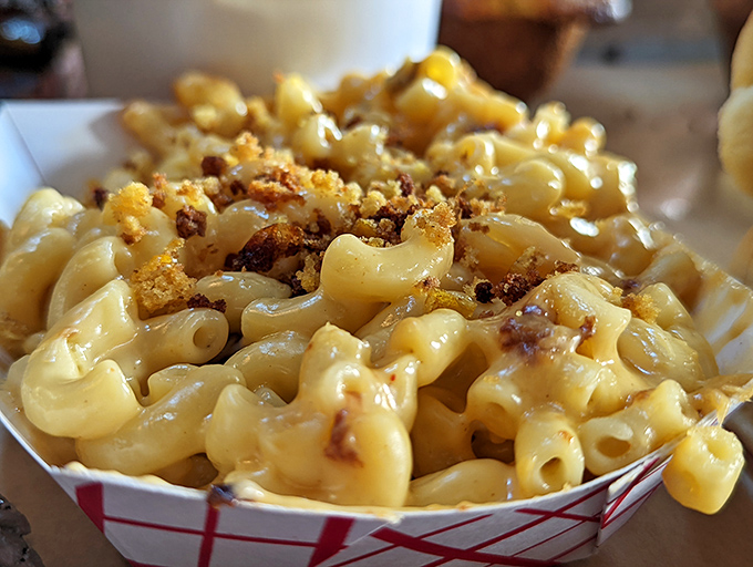 Mac and cheese that achieves the impossible: simultaneously creamy and crispy, with those breadcrumbs adding the textural exclamation point every bite deserves.