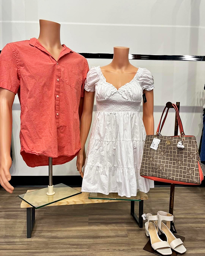 Mannequins sporting summer-ready outfits that won't heat up your credit card. That white dress and coral shirt are begging for a patio party.