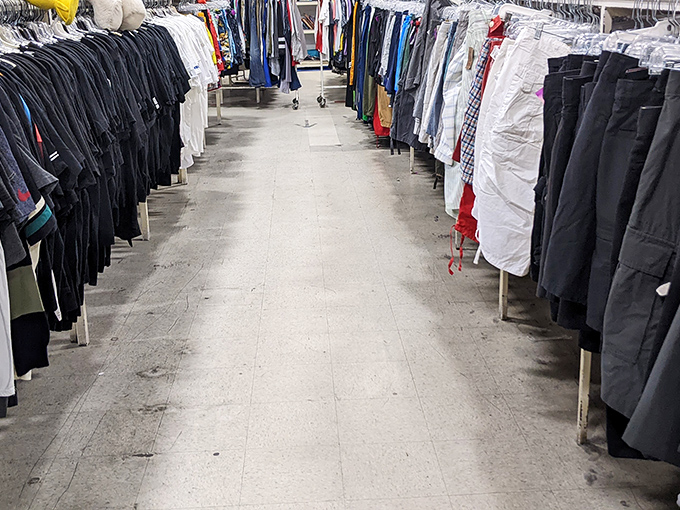 The men's department creates a canyon of clothing options where business casual meets weekend warrior.