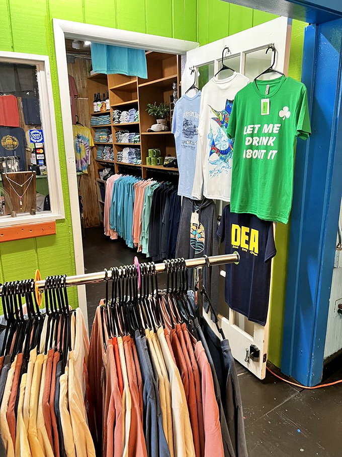 The gift shop offers wearable souvenirs for those who want to take home more than just leftovers. "Let Me Drink 'Bout It" indeed.